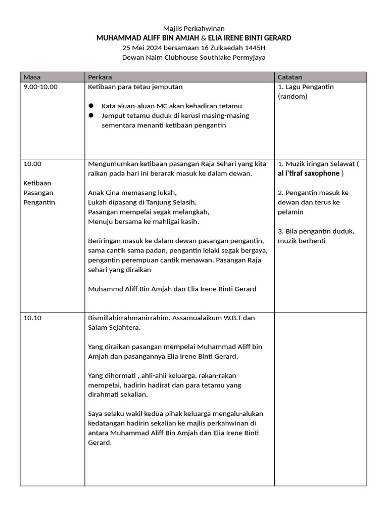SKRIP MC Majlis Irene Aliff | PDF