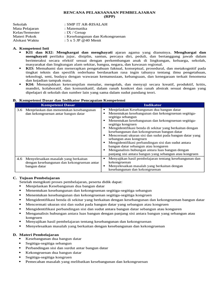RPP 3.6. Kesebangunan Dan Kekongruenan Kelas 9 K13 | PDF