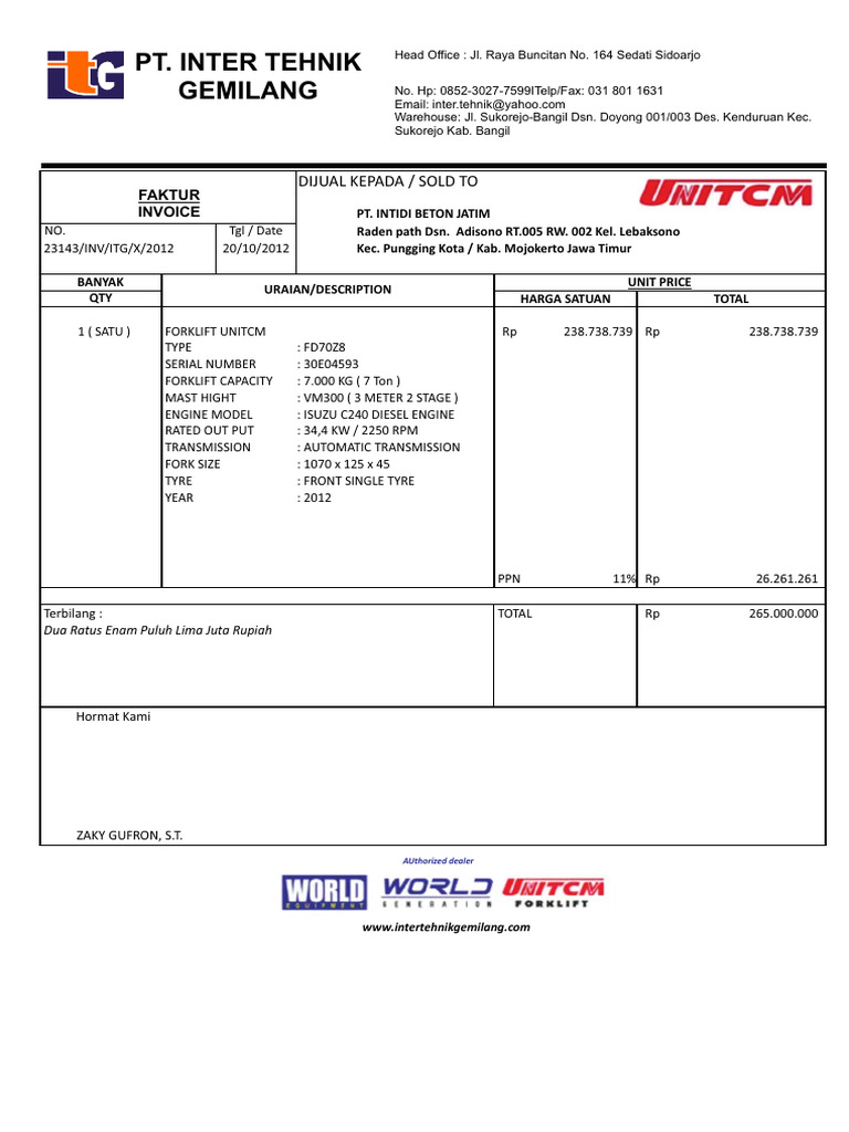 Forklift Invoice for PT. Intidi Beton Jatim | PDF | Vehicles | Wheeled ...