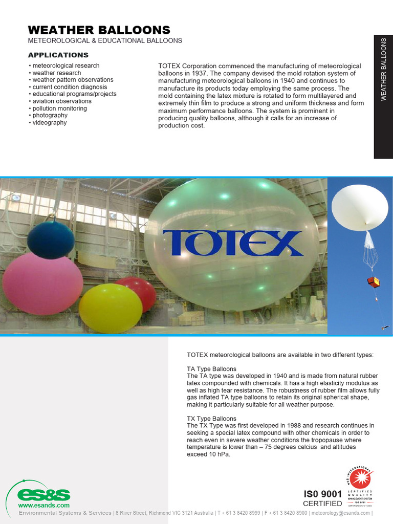 TOTEX Weather Balloons: Types & Specs | PDF | Balloon | Meteorology
