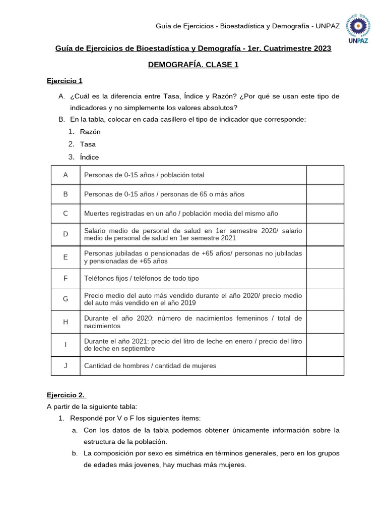 Guía de Ejercicios Unidad 2 | PDF | Demografía | Tasa de mortalidad