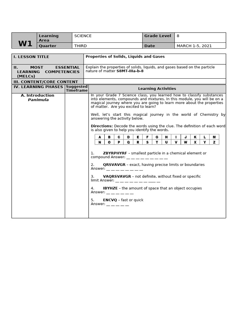LeaP-Science-G8-Week 1-Q3 | PDF | Liquids | Matter
