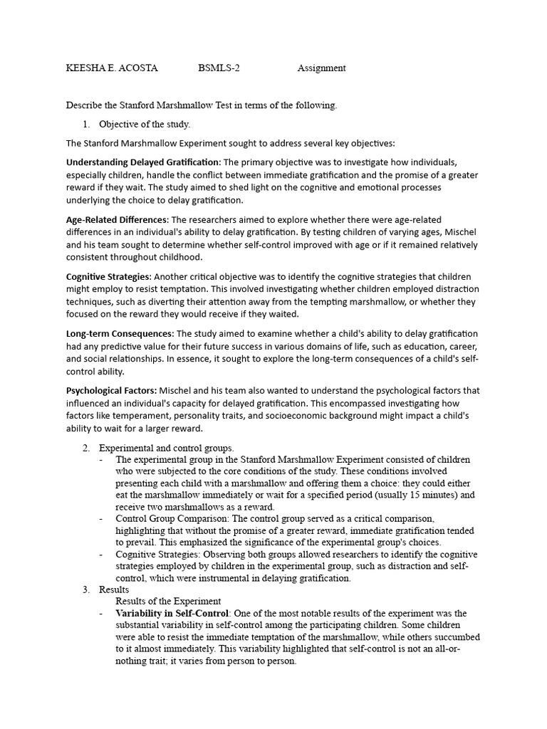 Insights from the Stanford Marshmallow Test | PDF | Delayed ...