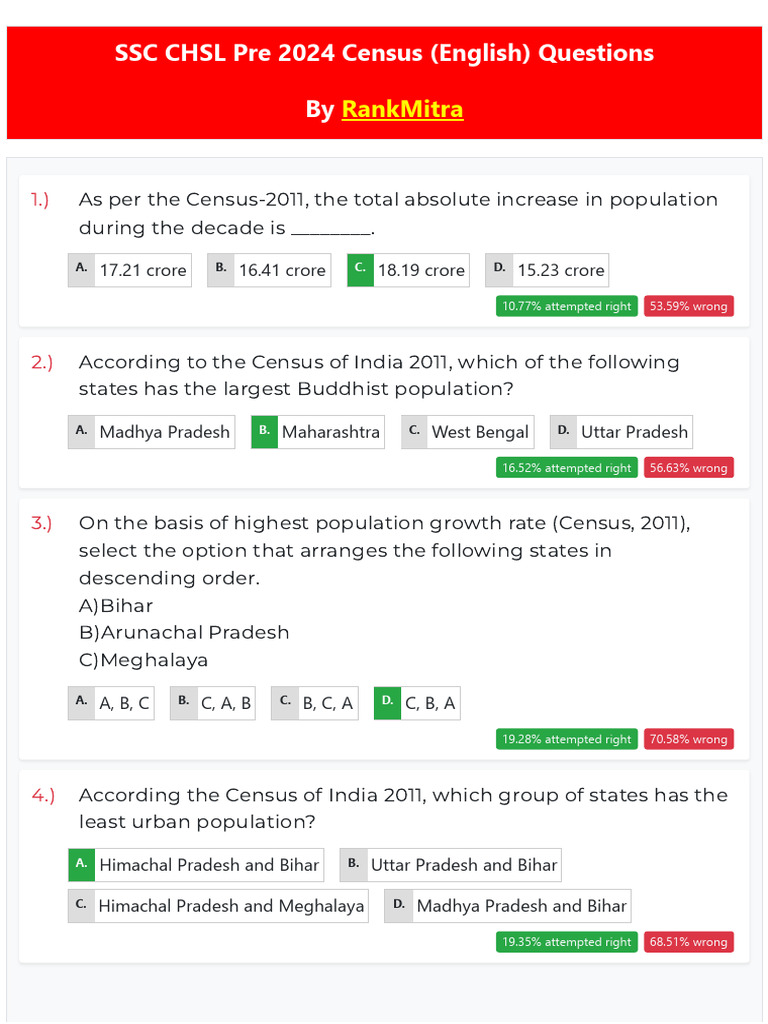 SSC CHSL Pre 2024 Census (English) Questions by RankMitra | PDF | Asia | South Asia