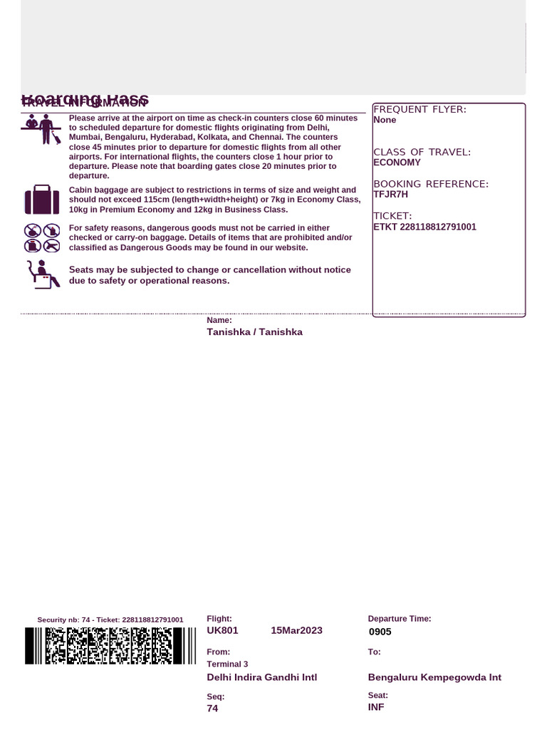 Vistara Boarding Pass Details | PDF | Airport | Business Class