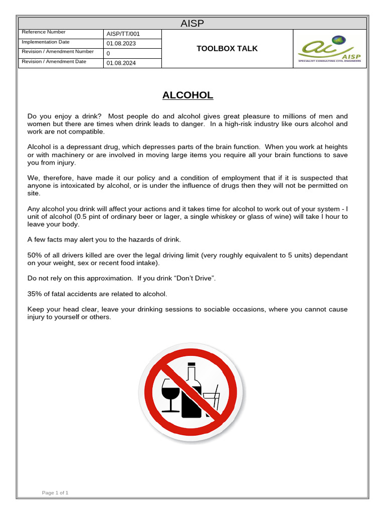 Toolbox Talk 1 - Alcohol | PDF | Alcoholic Beverages | Occupational ...