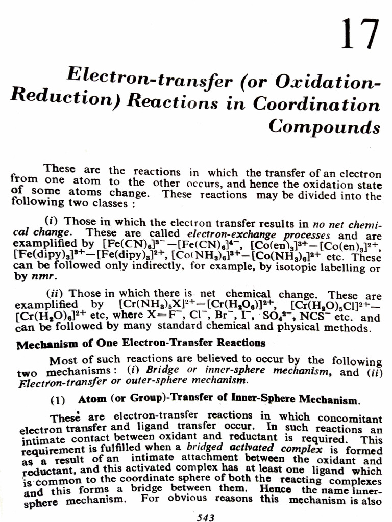 Electron Transfer Reaction in Coordination Compounds | PDF