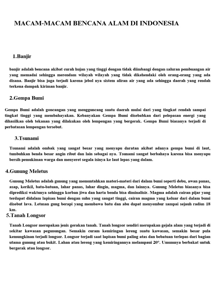 Macam-Macam Bencana Alam Di Indonesia | PDF