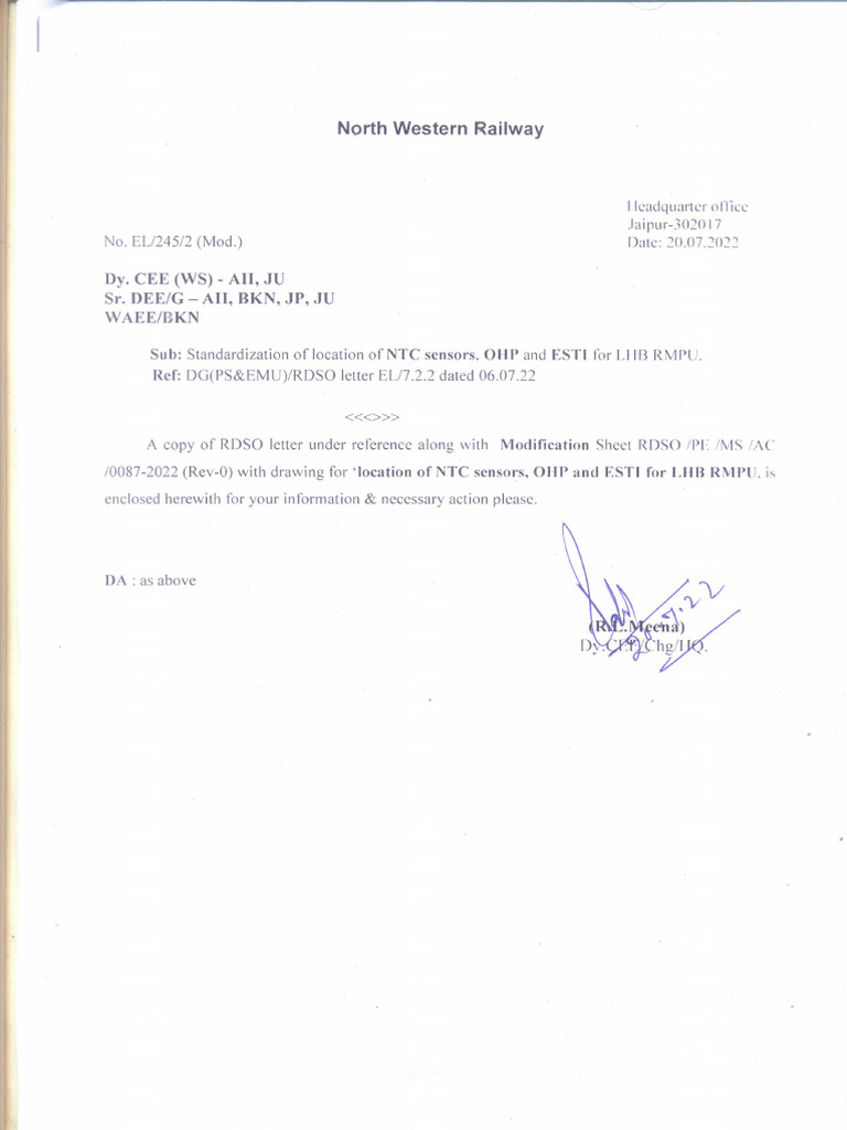 Standardization of Location of NTC Sensors, OHP and ESTI For LHB RMPU ...