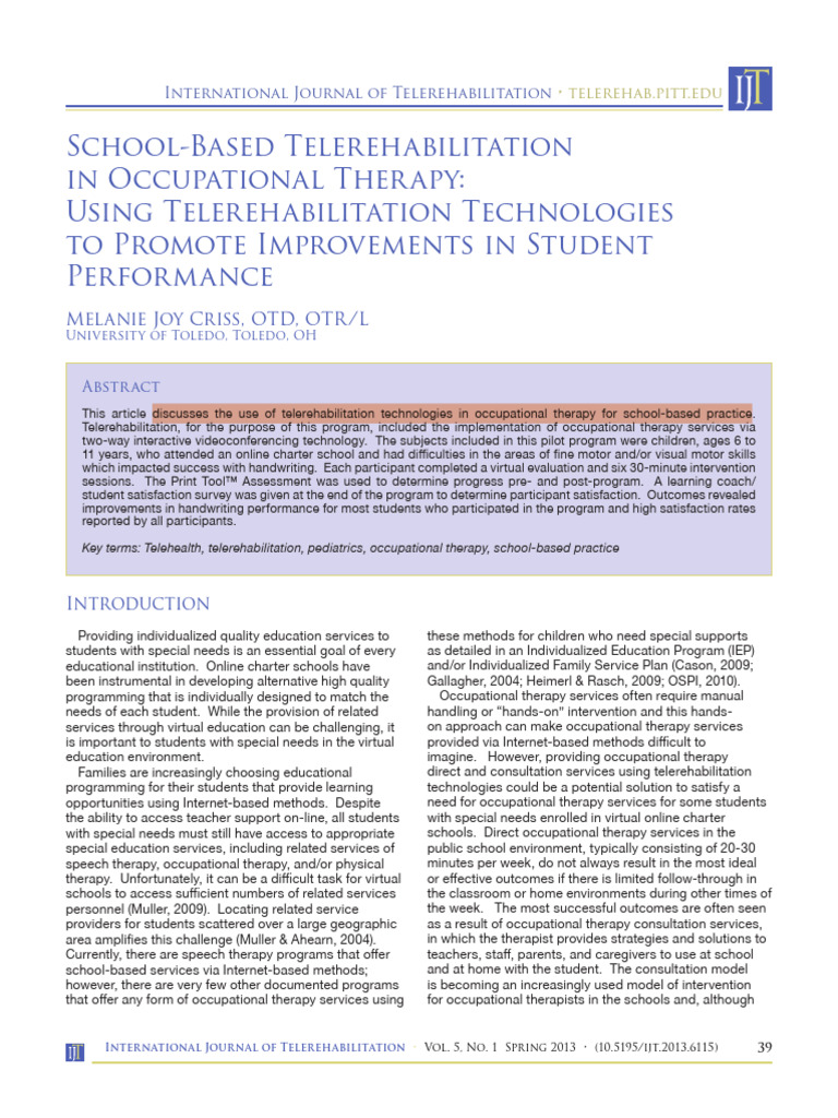 School-Based Telerehabilitation in Occupational Therapy Using ... School-Based Telerehabilitation in Occupational Therapy Using ...
