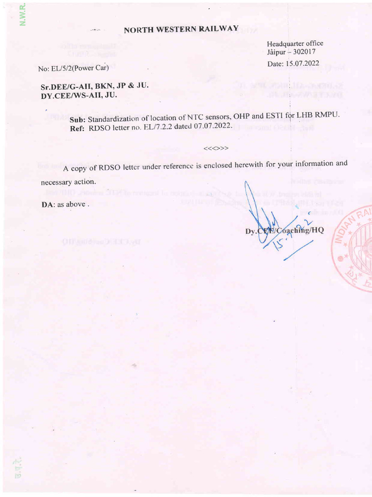 Standardization of Location of NTC Sensors, OHP and ESTI For LHB RMPU ...