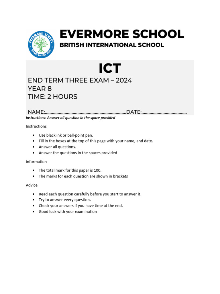 Year 8 ICT End Term 3 2024 | PDF | Bit | Microsoft Excel Year 8 ICT End Term 3 2024 | PDF | Bit | Microsoft Excel