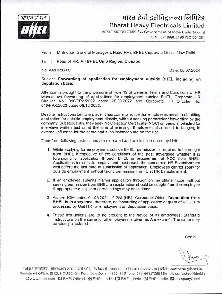 Circular For Forwarding of Application For Outside Employment BHEL Inculding On Deputation Basis ...