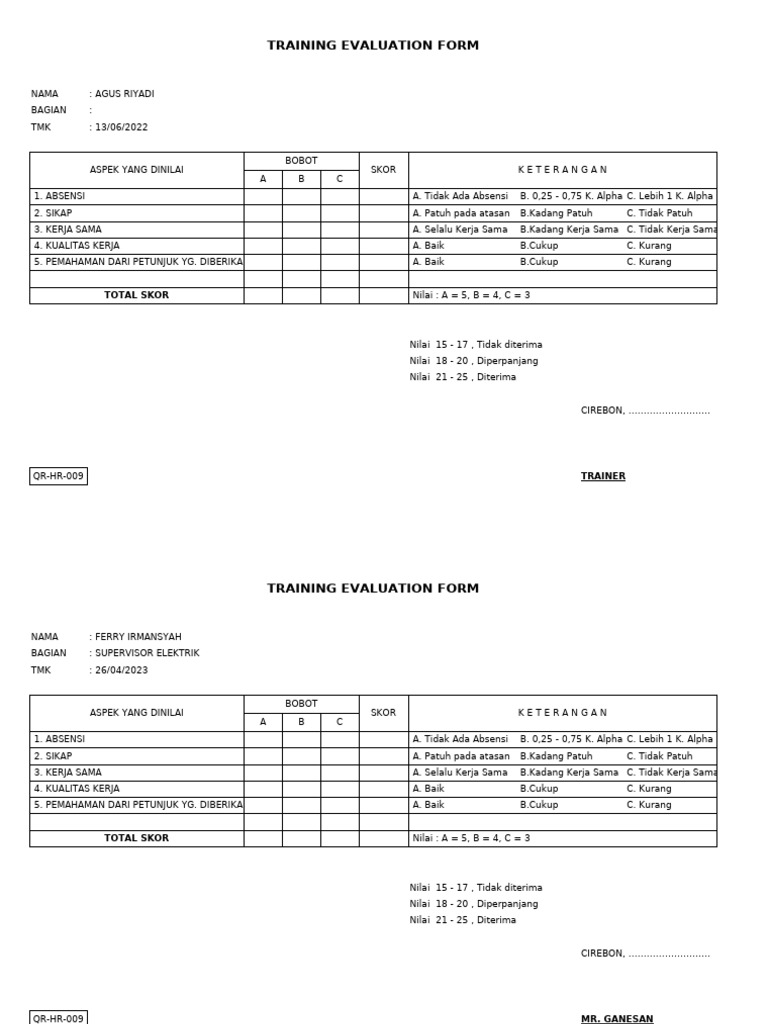 TRAINING EVALUATION FORM | PDF