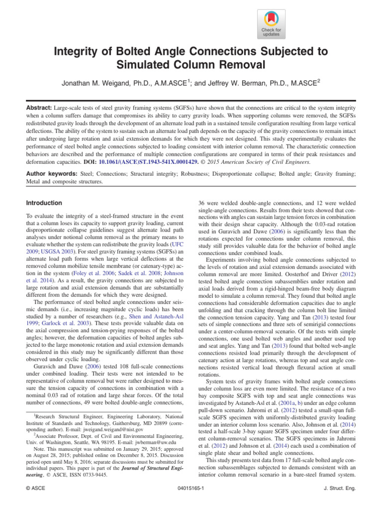 Integrity of Bolted Angle Connections Subjected to Simulated Column ...