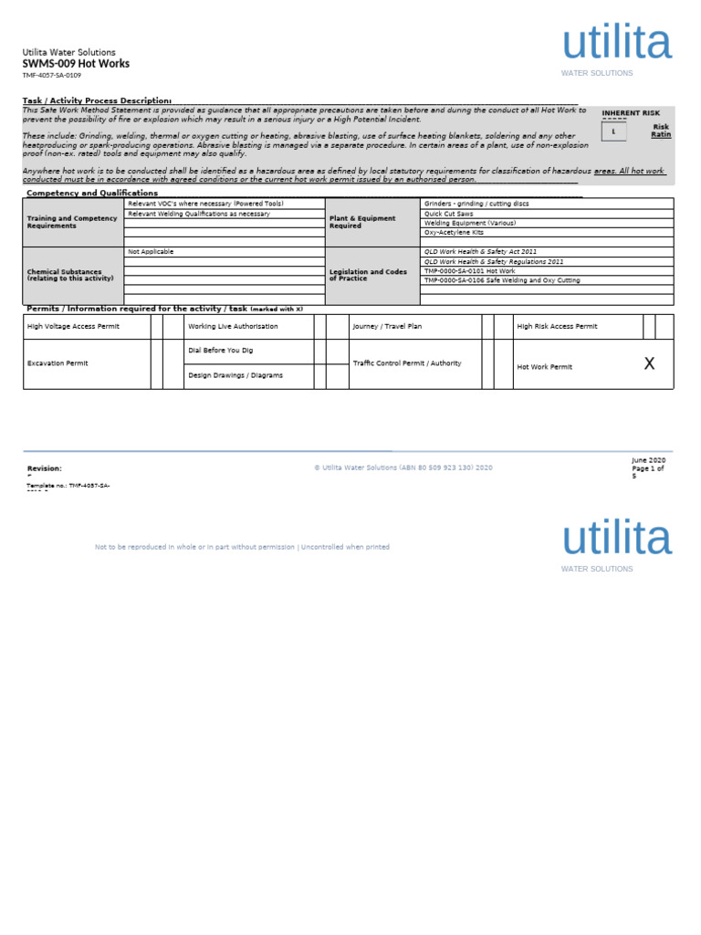 TMF 4057 SA 0109 - 5 SWMS 009 Hot Works | PDF | Welding | Construction