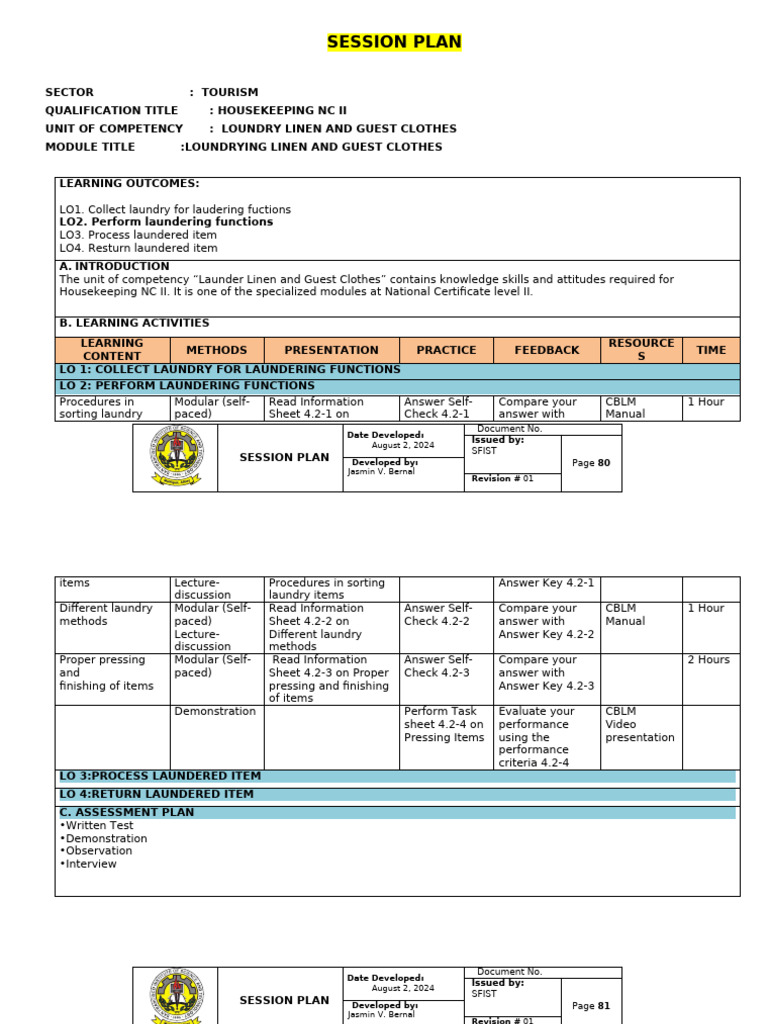 Session-Plan Housekeeping NC II - Jasmin V. Bernal | PDF | Learning | Laundry