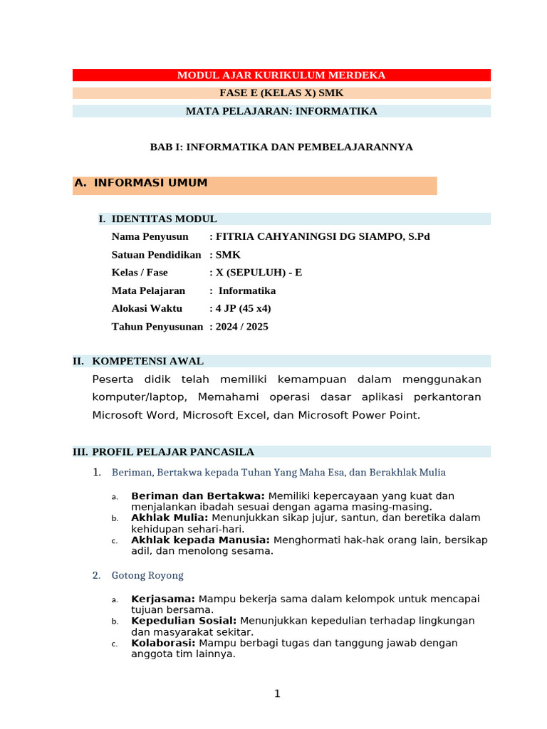 Modul Ajar Informatika - Teknologi Informasi Dan Komunikasi - Fase E | PDF
