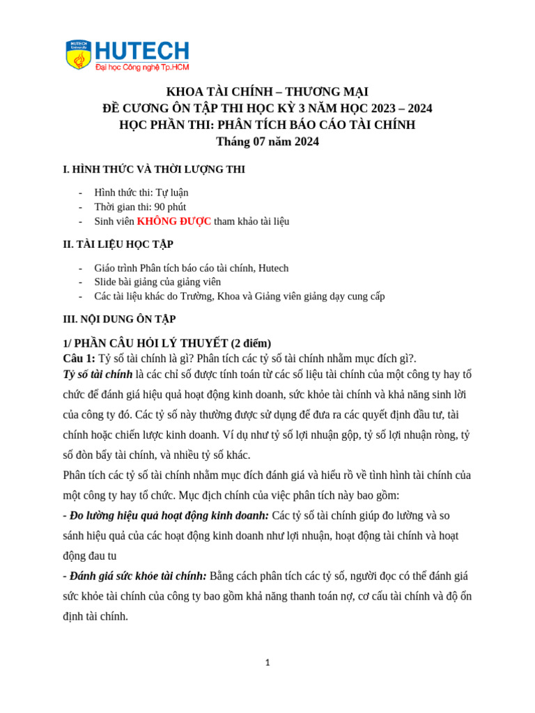 Fin106 - PT BCTC - HK3 - 2023-2024 HK3 - 2023 - 2024 | PDF