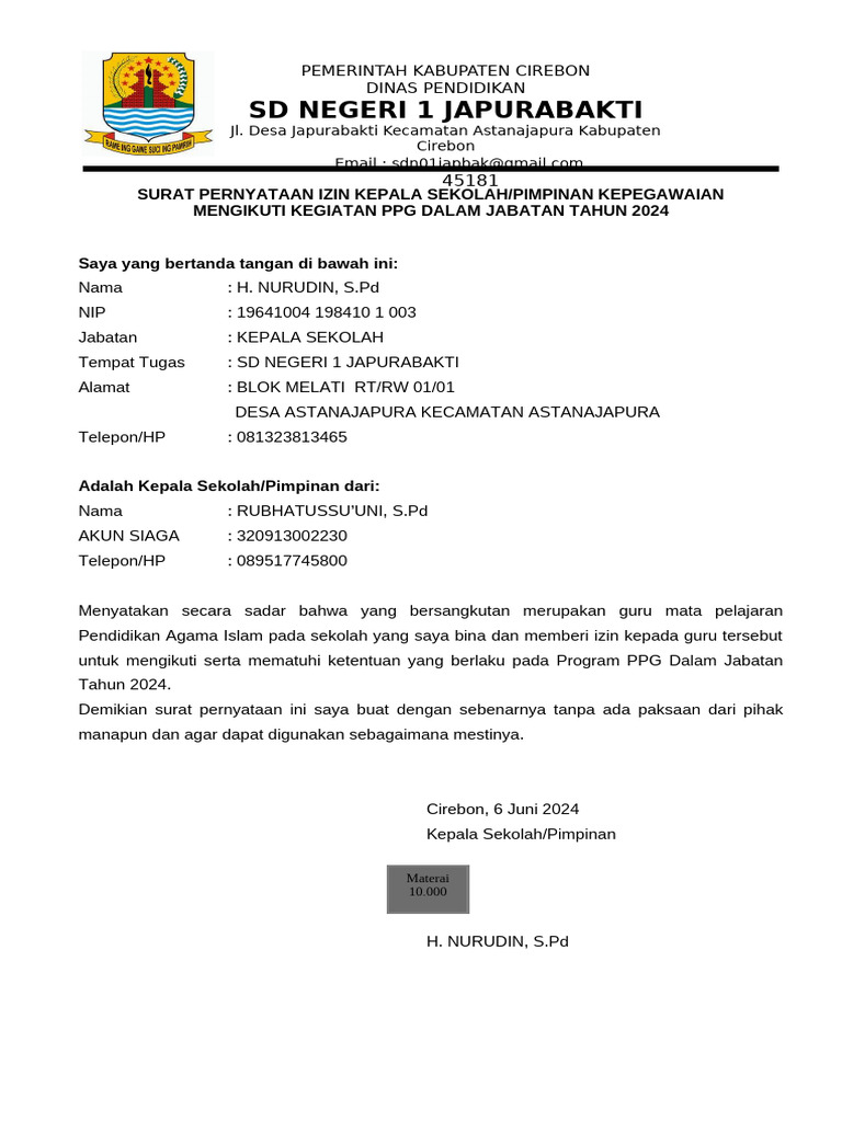 Surat Izin Kepsek. PPG 2024 | PDF