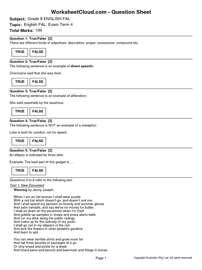 G8 English FAL Term 4 Exam | PDF | Linguistics