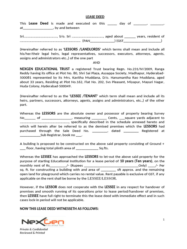 Nexgen - Lease Deed Format | PDF | Lease | Renting