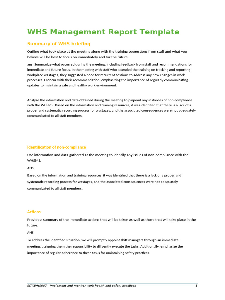 SITXWHS007 WHS Management Report Template | PDF