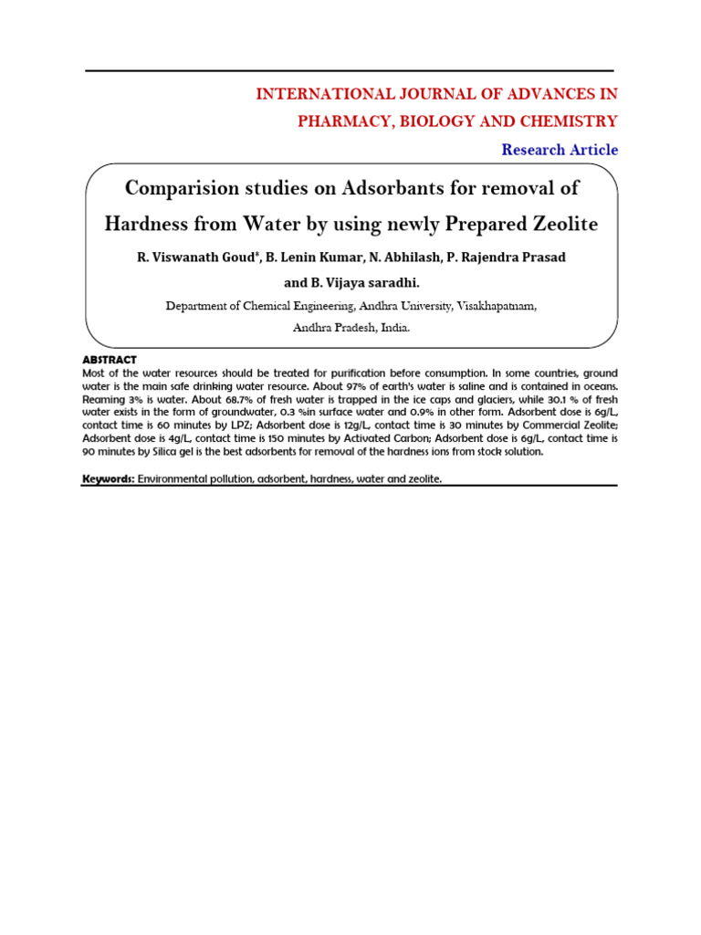 Comparision Studies On Adsorbants For Removal of Hardness From Water by ...