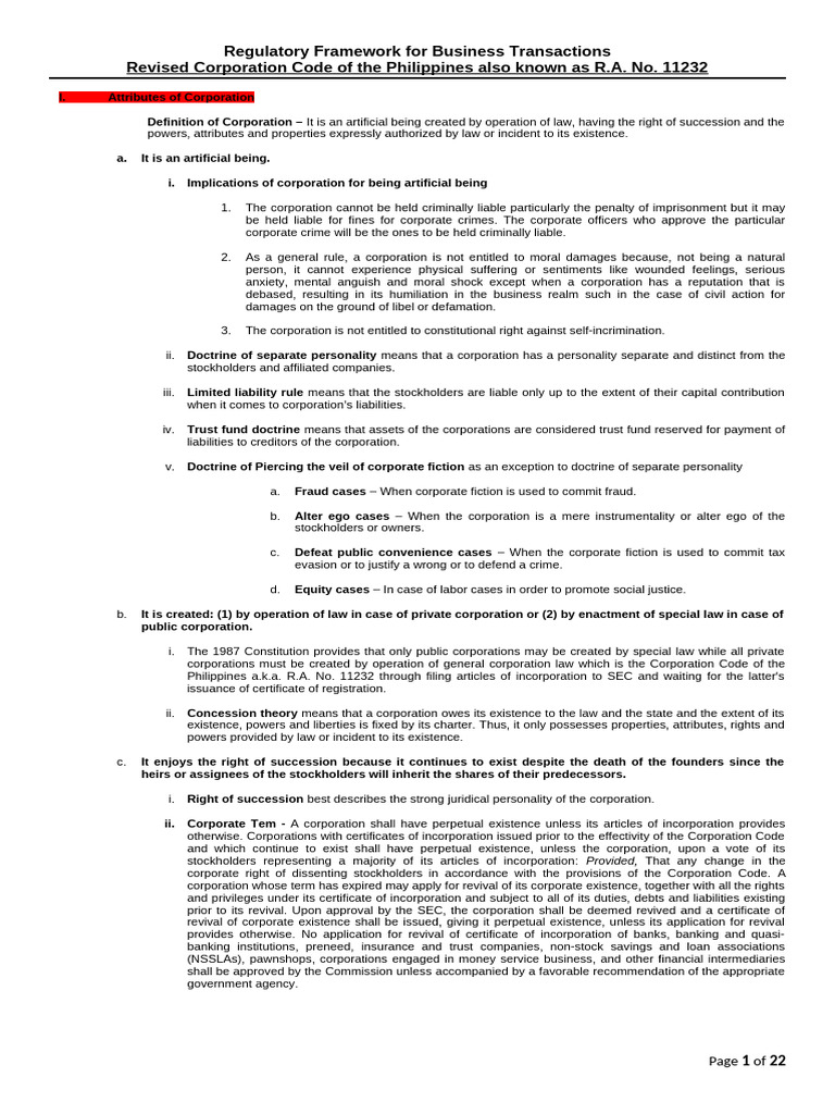 Revised Corporation Code Notes | PDF | Preferred Stock | Corporations