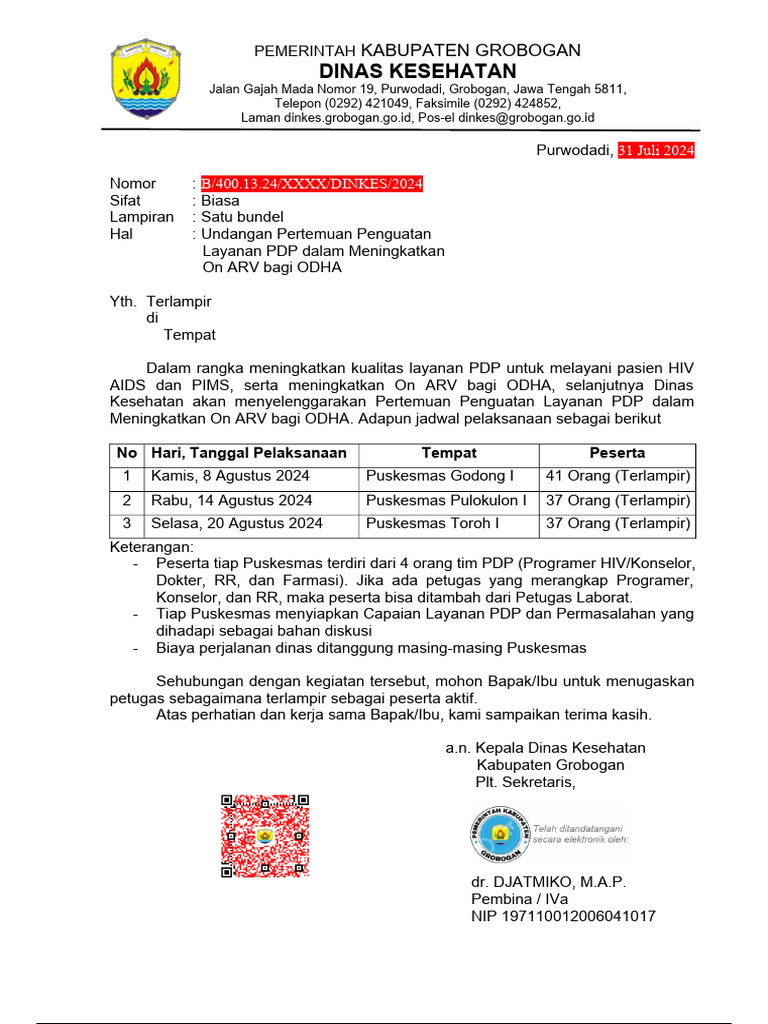 (Draft) Surat Undangan Pertemuan Penguatan Layanan PDP 2024 | PDF
