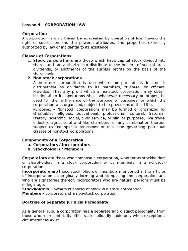 Lesson_4_-_CORPORATION_LAW | PDF | Corporations | Stocks