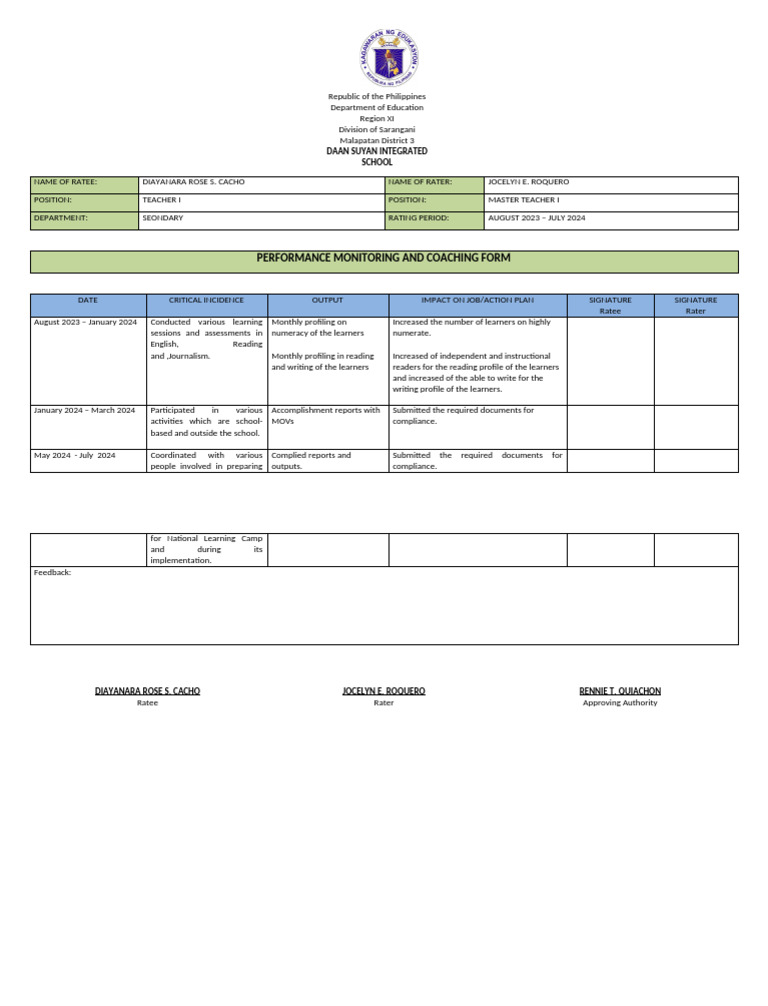 COACHING FORM - CACHO | PDF | Human Communication | Cognitive Science