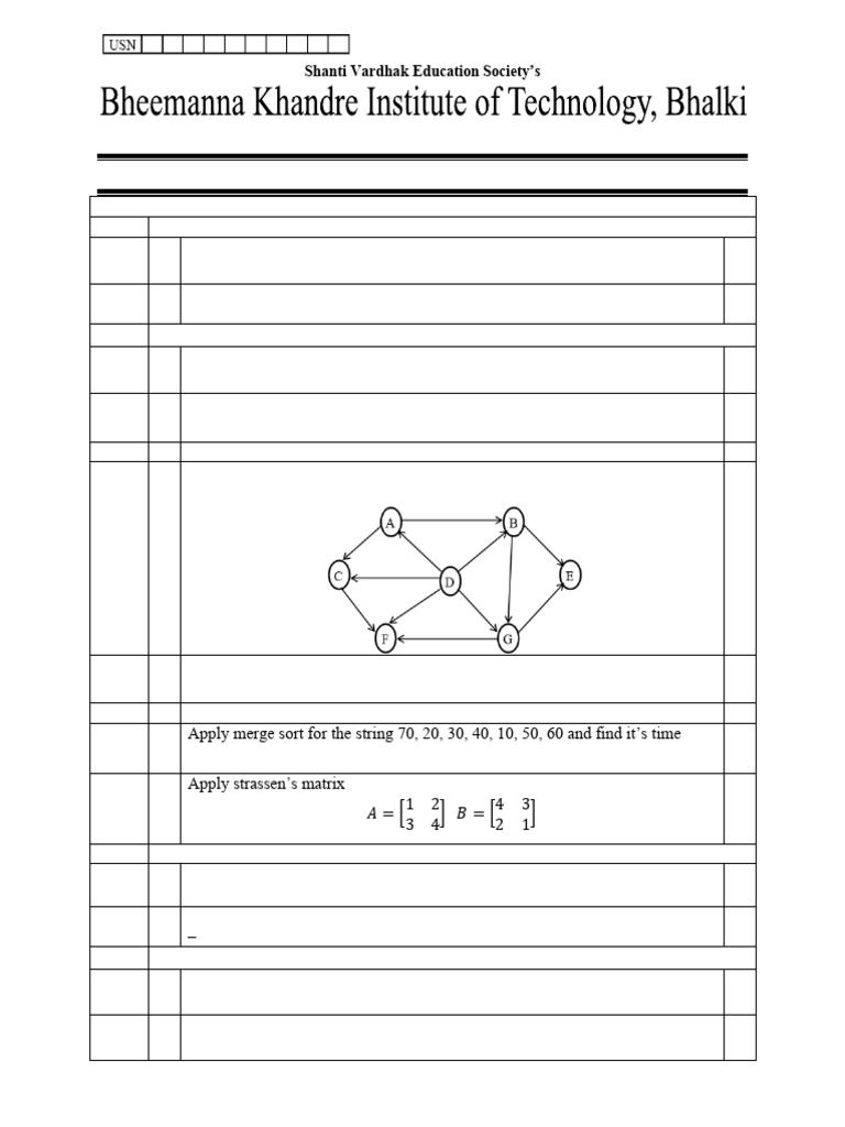 ADA (BCS401) Model Question Paper | PDF | Matrix (Mathematics) | Graph Theory
