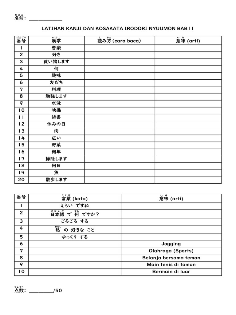 LATIHAN KANJI DAN KOSAKATA IRODORI NYUUMON Bab 11 | PDF