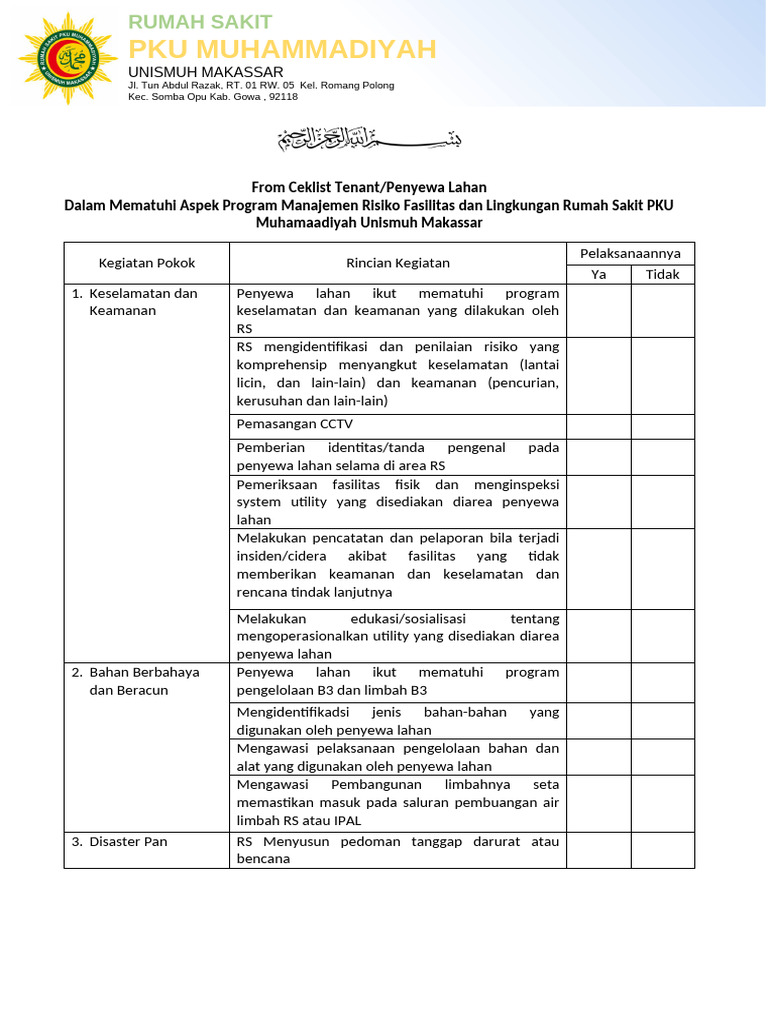 Form Ceklist Tenant 2 | PDF