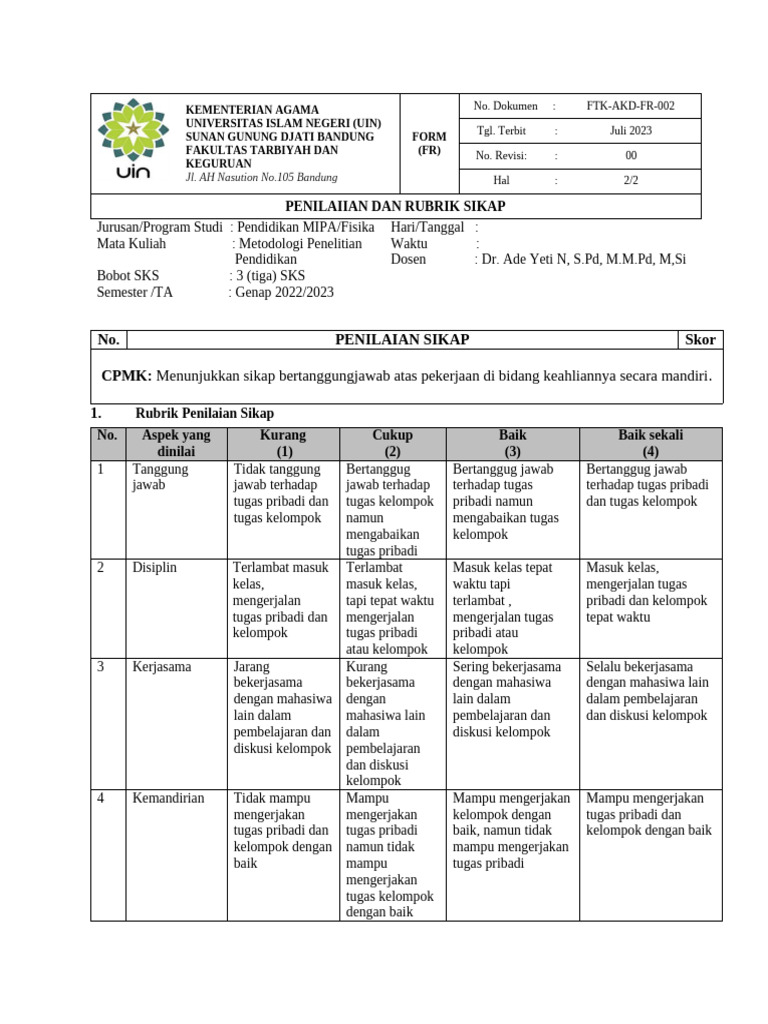 1 TEMPLATE Instrumen Penilaian SIKAP | PDF