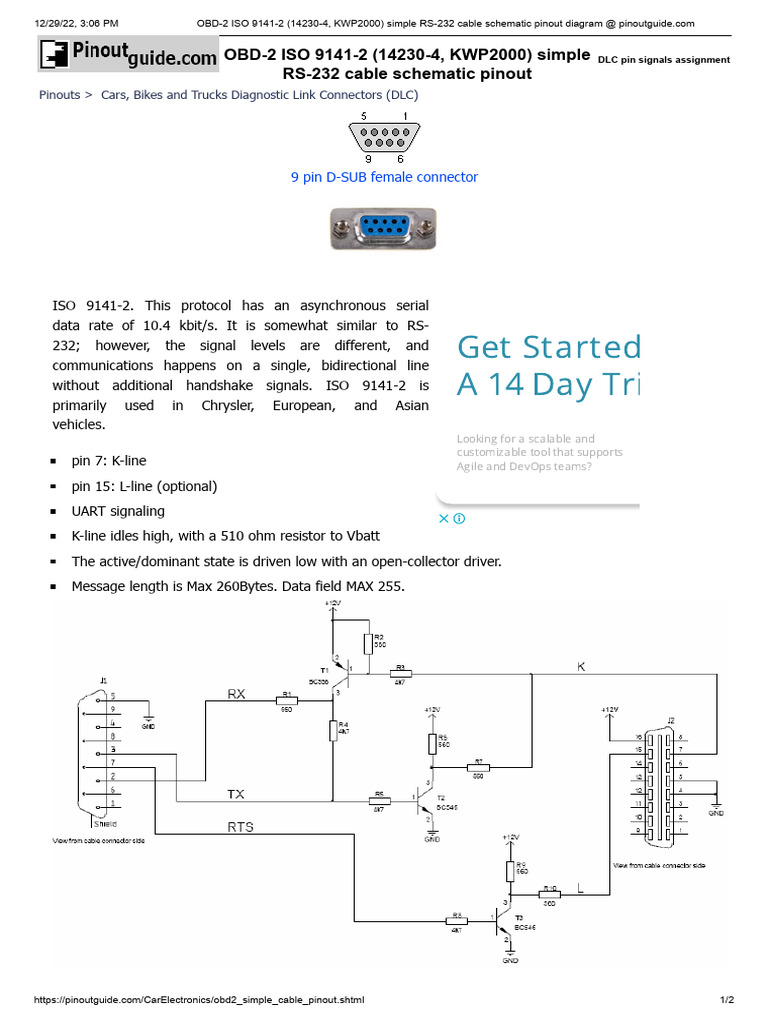 OBD-2 ISO 9141-2 (14230-4, KWP2000) Simple RS-232 Cable Schematic ...
