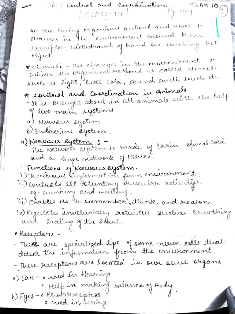 Notes Class 10 (Control and Coordination) | PDF | Science & Mathematics