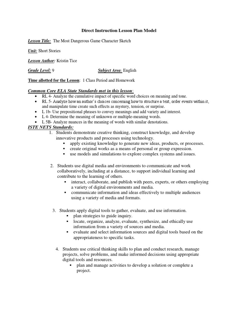 Direct Instruction Lesson Plan Model: Common Core ELA State Standards ...