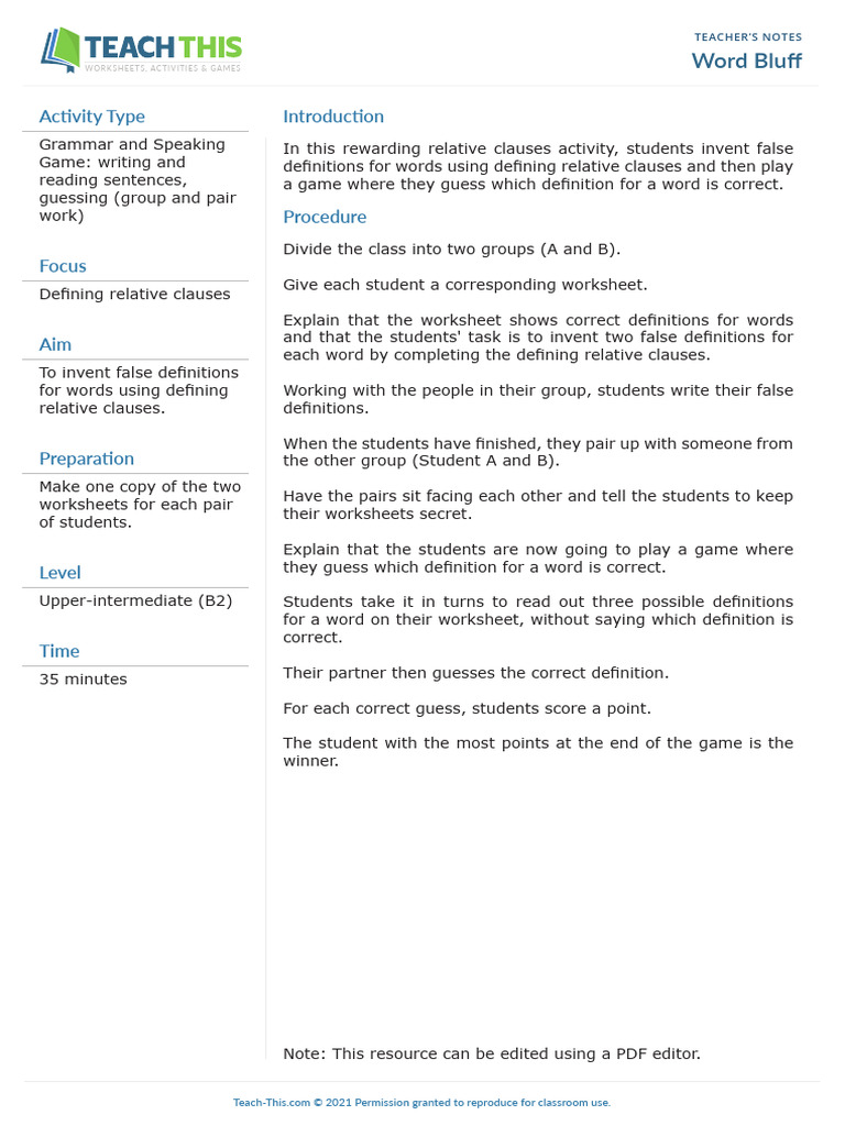 Word Bluff | PDF | Language Mechanics | Grammar