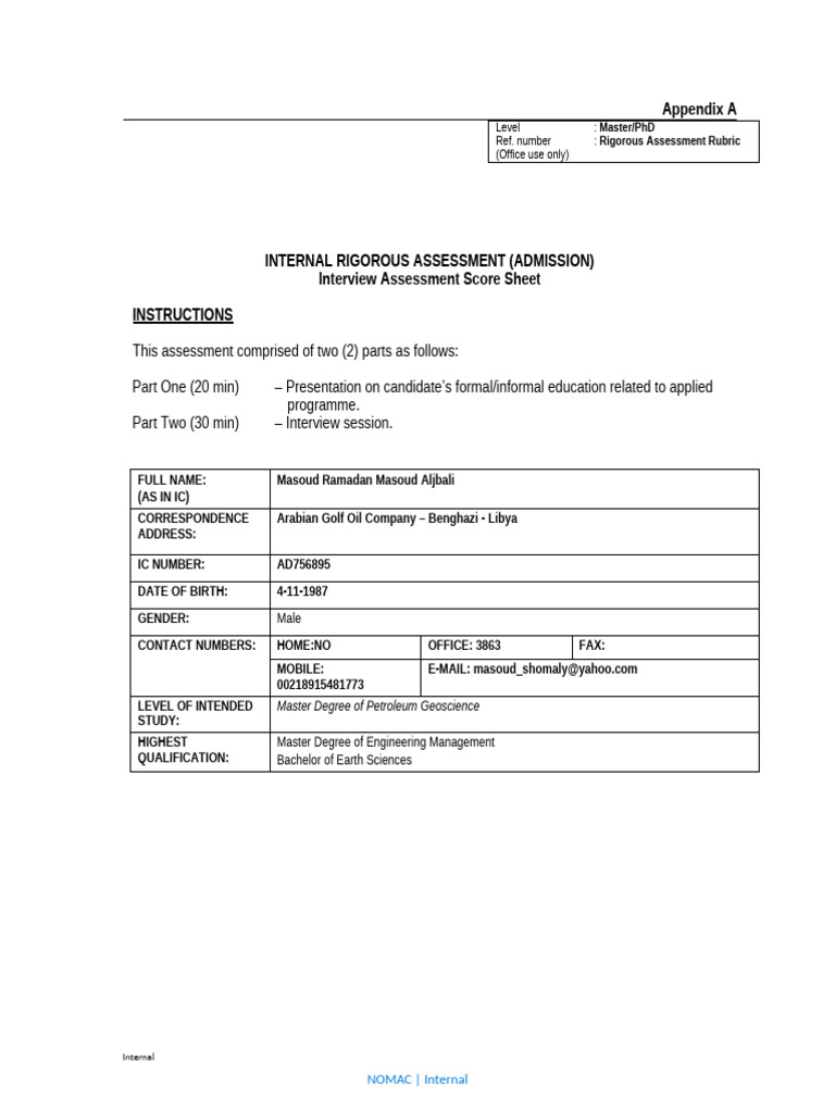 Att VI - Internal Rigorous Assessment Evaluation Form - Candidate | PDF