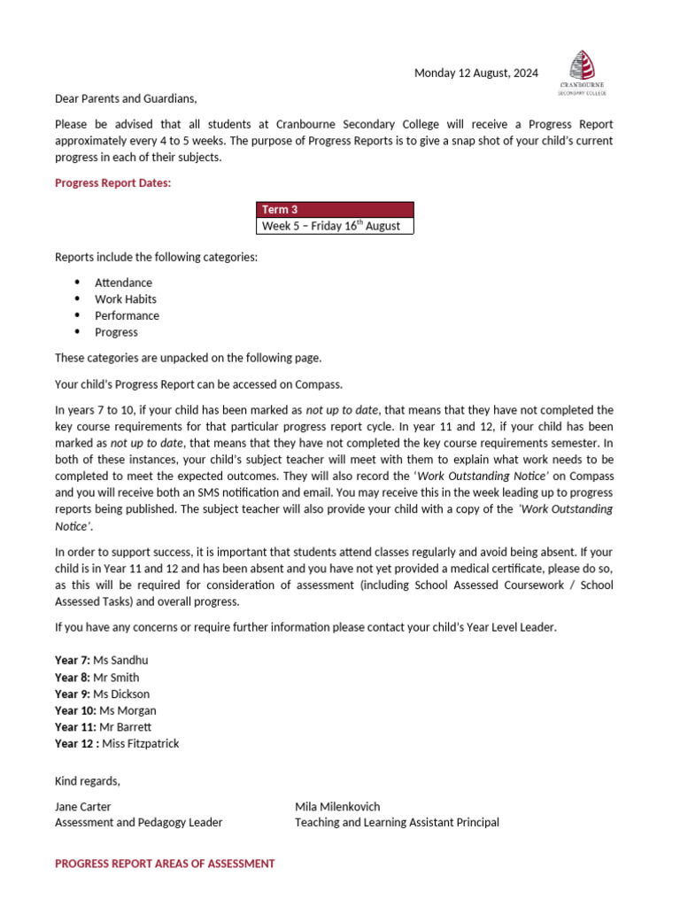 Cranbourne Secondary Progress Reports | PDF | Education Theory | Human Communication