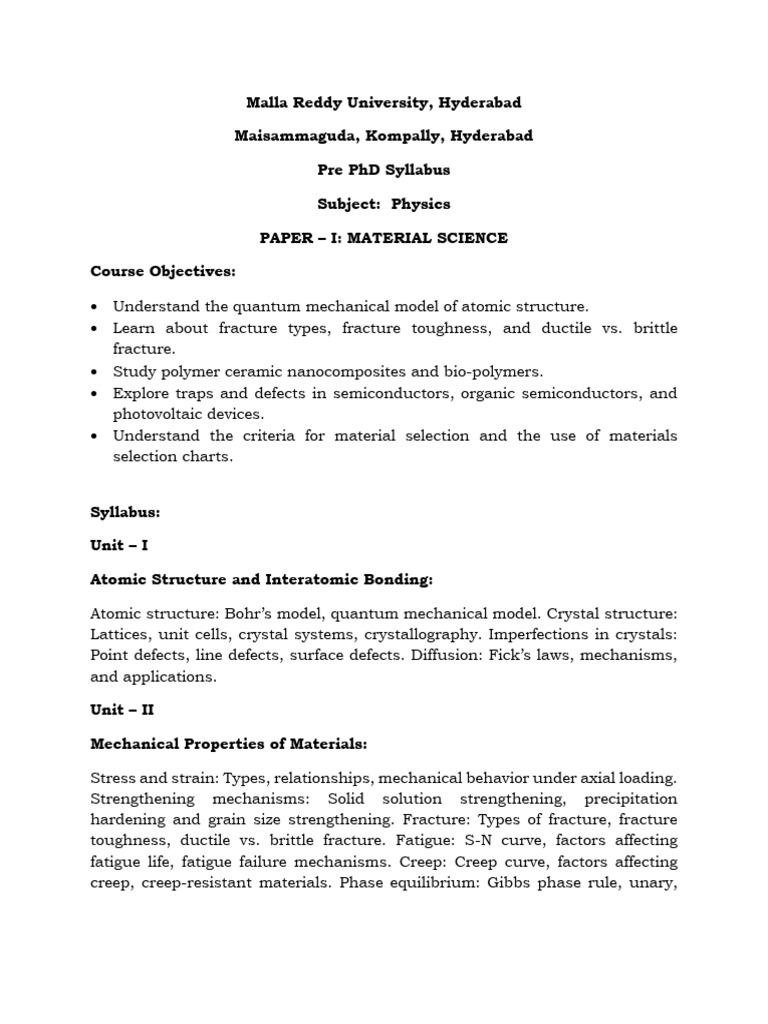 Phy Pre PHD Syllabus | PDF | Materials Science | Fracture
