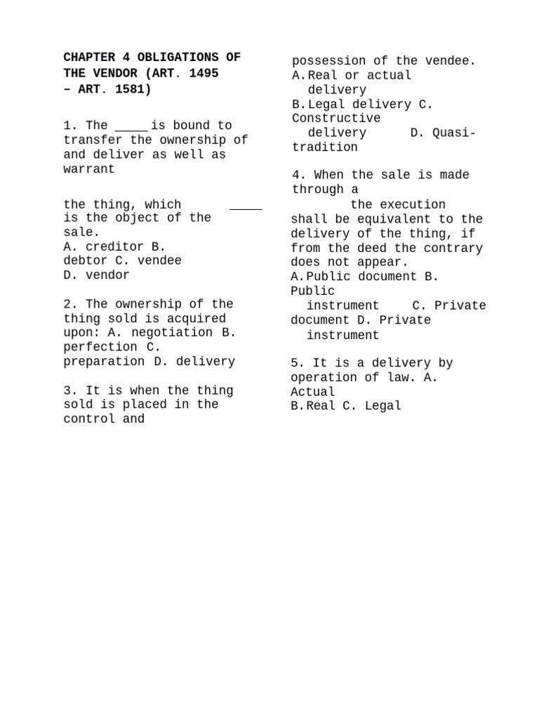 CHAPTER 4 OBLIGATIONS OF THE VENDOR Mcqs With Answers | PDF | Negotiable Instrument | Lien