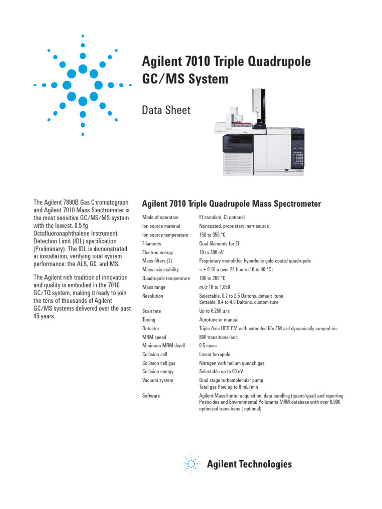 Agilent 7010 GC MS Triple Qua Data Sheet | PDF | Gas Chromatography–Mass Spectrometry | Mass ...