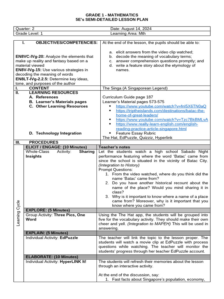 5es Semi Detailed Lesson Plan in English | PDF | Reading Comprehension | Cognitive Science