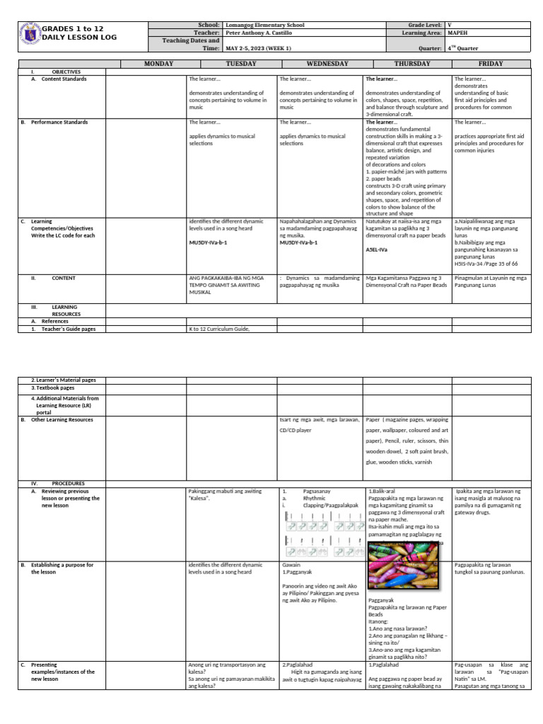 Grade 5 DLL Mapeh 5 q4 Week 1 | PDF