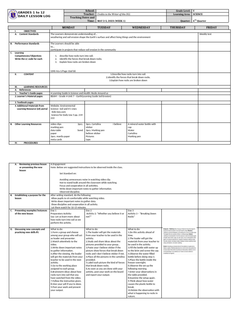 Grade 5 DLL Science 5 q4 Week 1 | PDF | Teachers | Learning