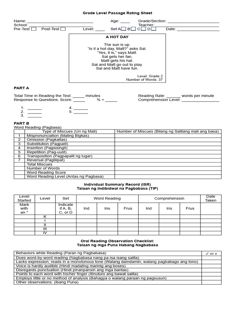 Phil-IRI English - Rating Sheet and Passages (Set B) | PDF