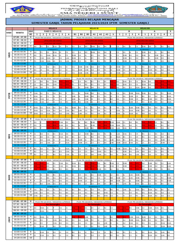 Jadwal Pelajaran Semester Ganjil Tahun Ajaran 2024-2025 | PDF